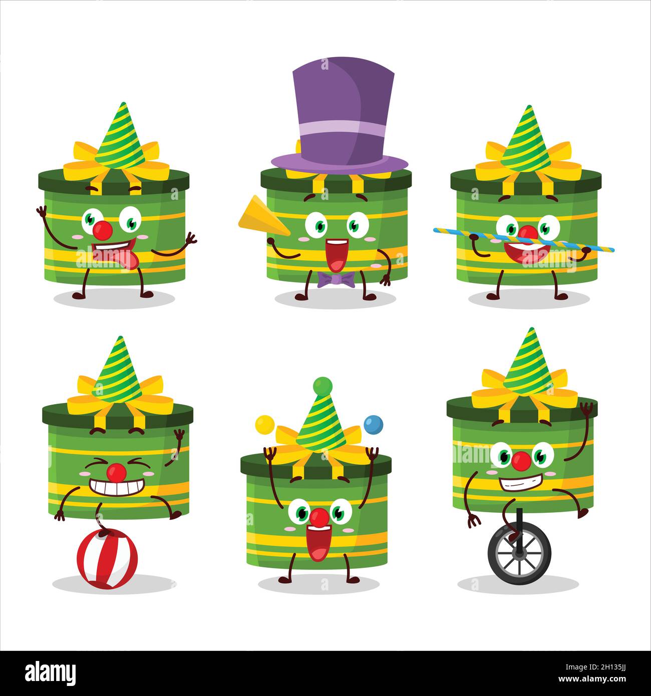 Cartoon character of green round gift with various circus shows. Vector ...