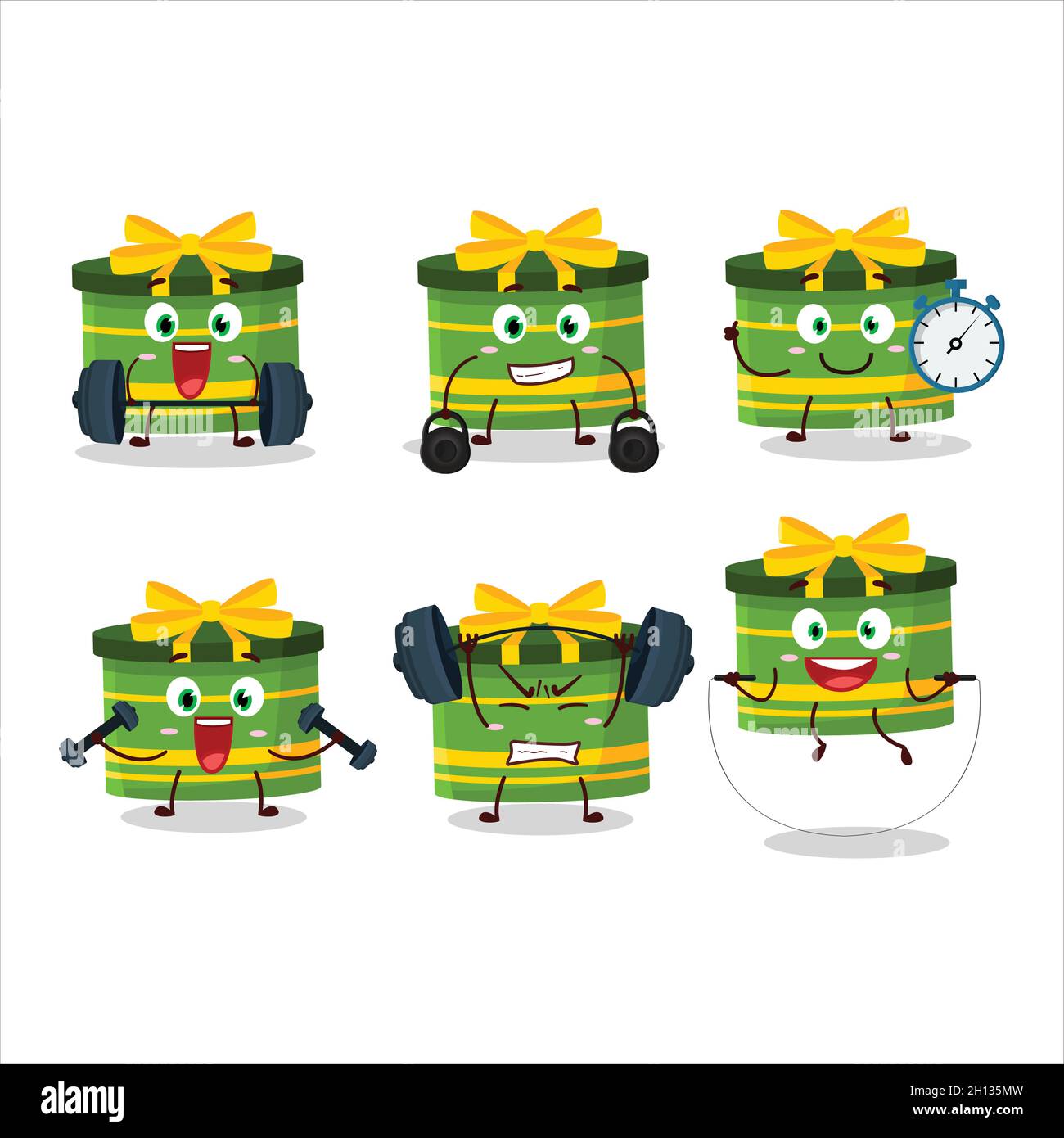 A healthy green round gift cartoon style trying some tools on Fitness ...