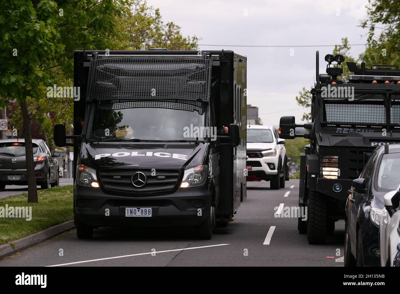 Melbourne, Australia, 16 October, 2021. A police riot van and the ...
