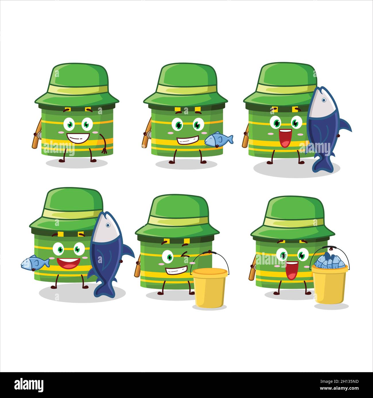 A fisherman green round gift cartoon picture catch a big fish. Vector ...