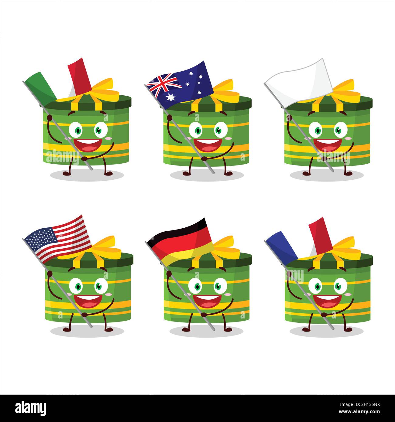 Green round gift cartoon character bring the flags of various countries ...