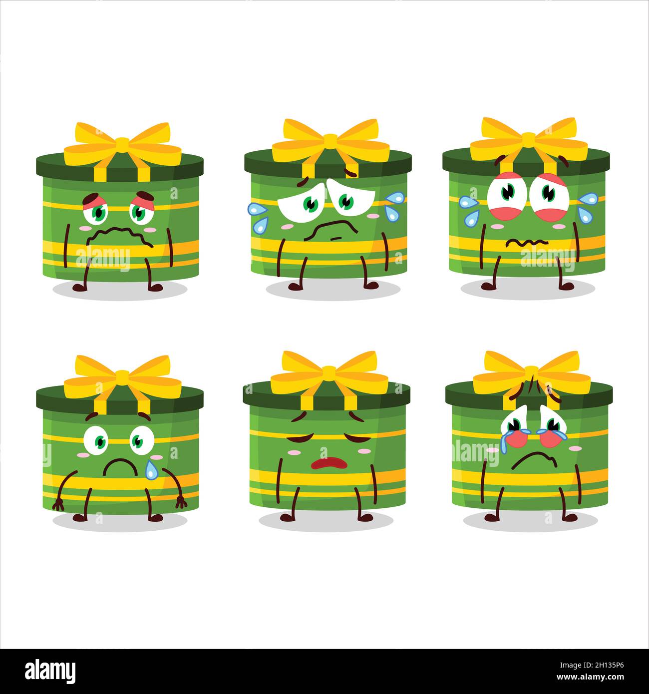 Green round gift cartoon character with sad expression. Vector ...