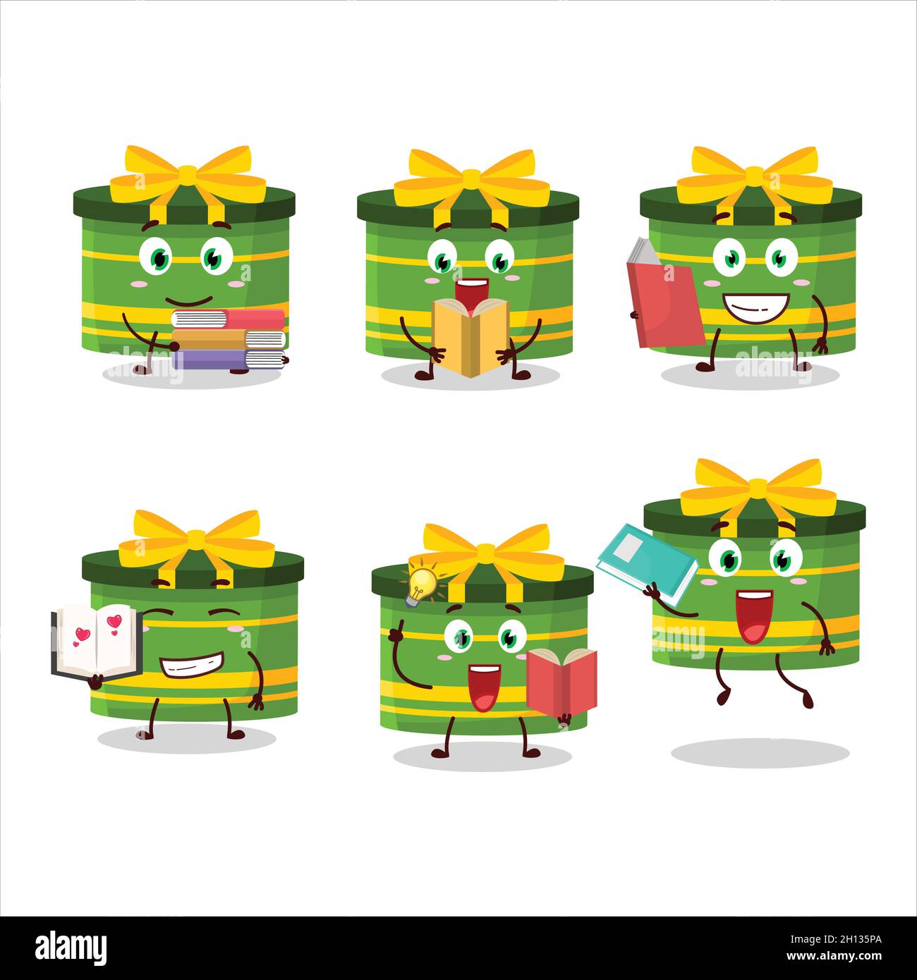 A picture of green round gift cartoon character concept reading an ...