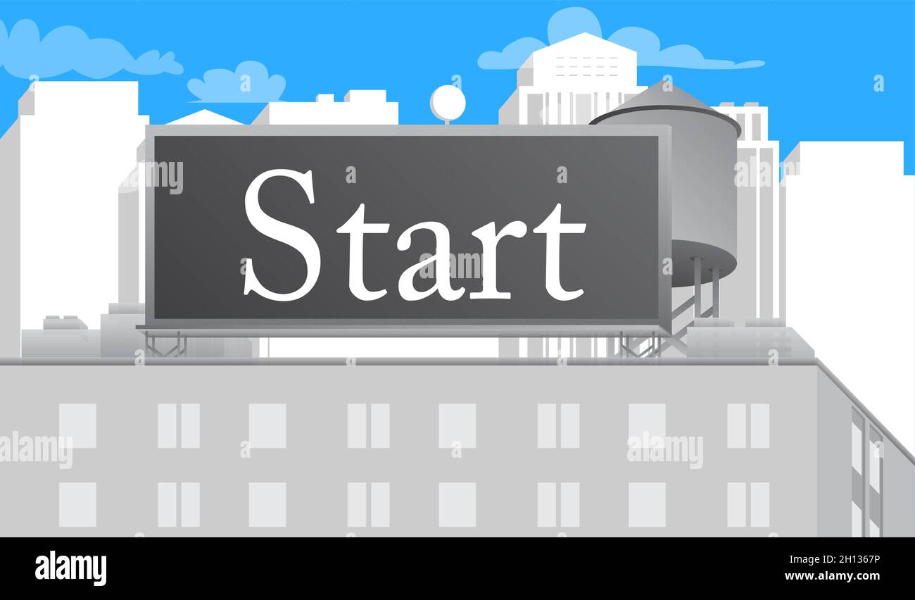 Start text on a billboard sign atop a brick building. Outdoor ...