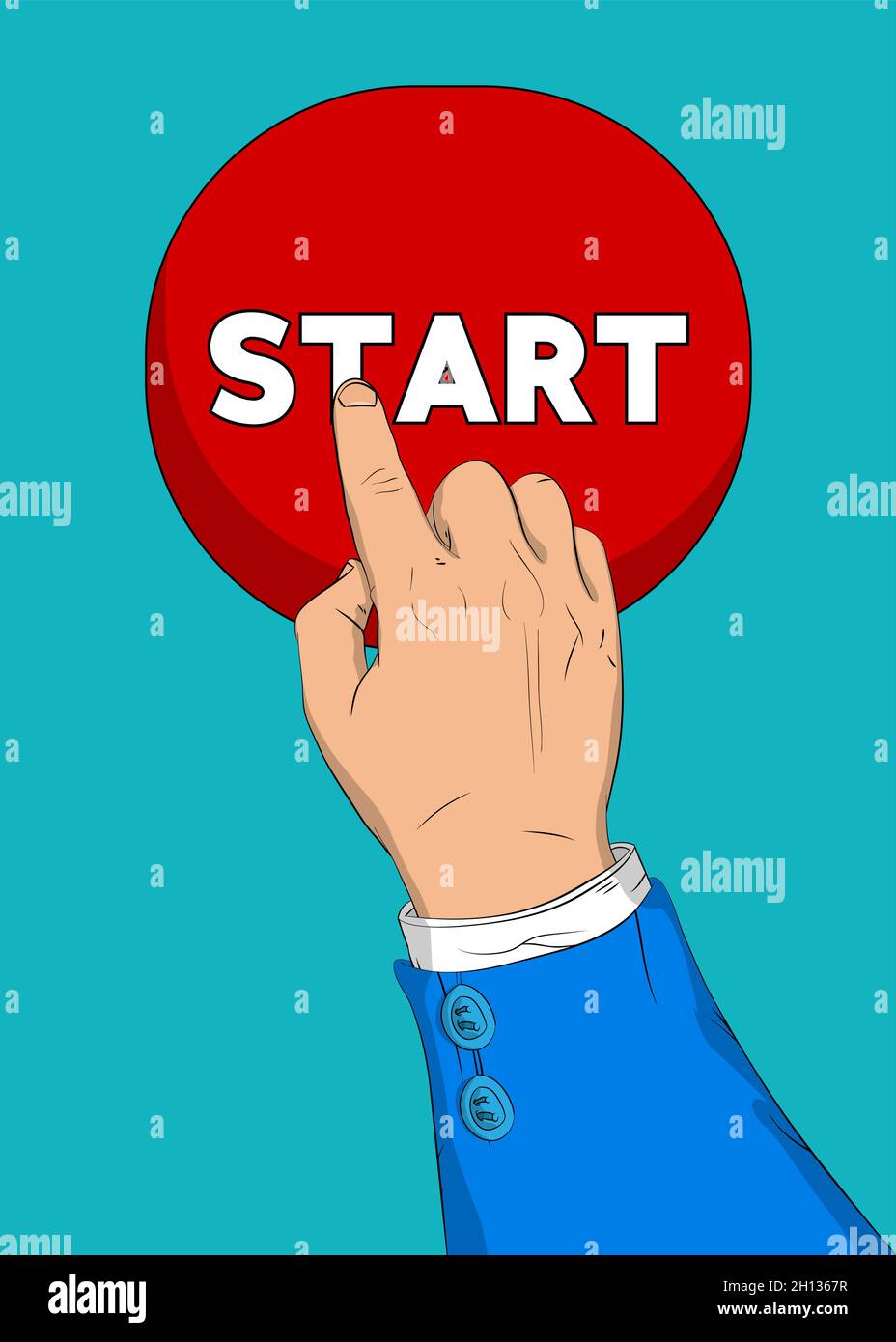 Businessman pushing Start button with his index finger. Comic book ...