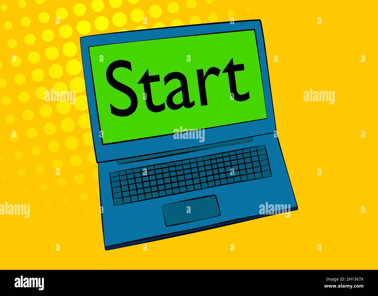 Laptop with the word Start on the screen. Vector cartoon illustration ...