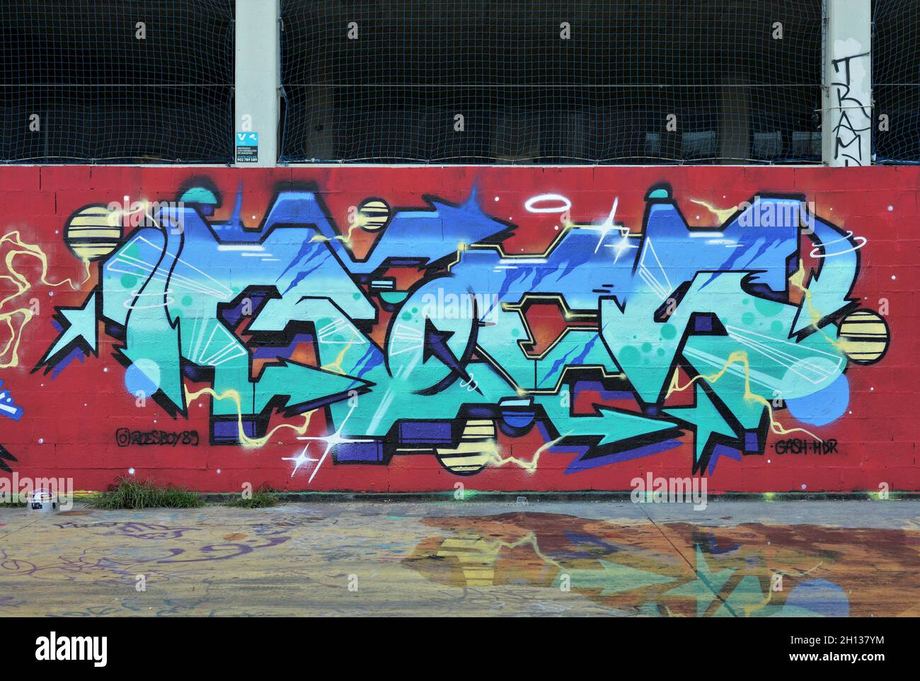 Graffiti and murals in the Tres Torres del Parallel Park in Barcelona ...