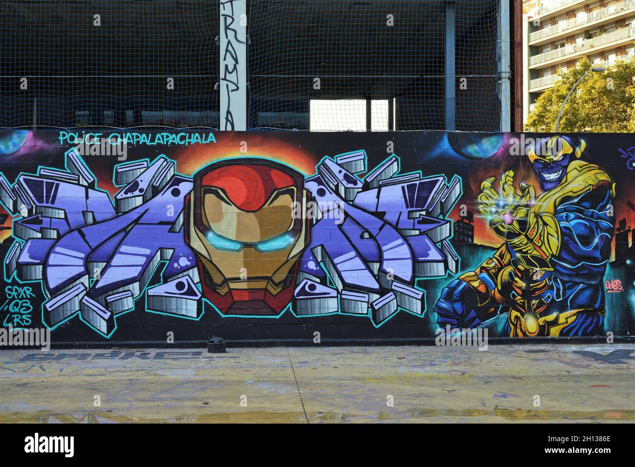 Graffiti and murals in the Tres Torres del Parallel Park in Barcelona ...