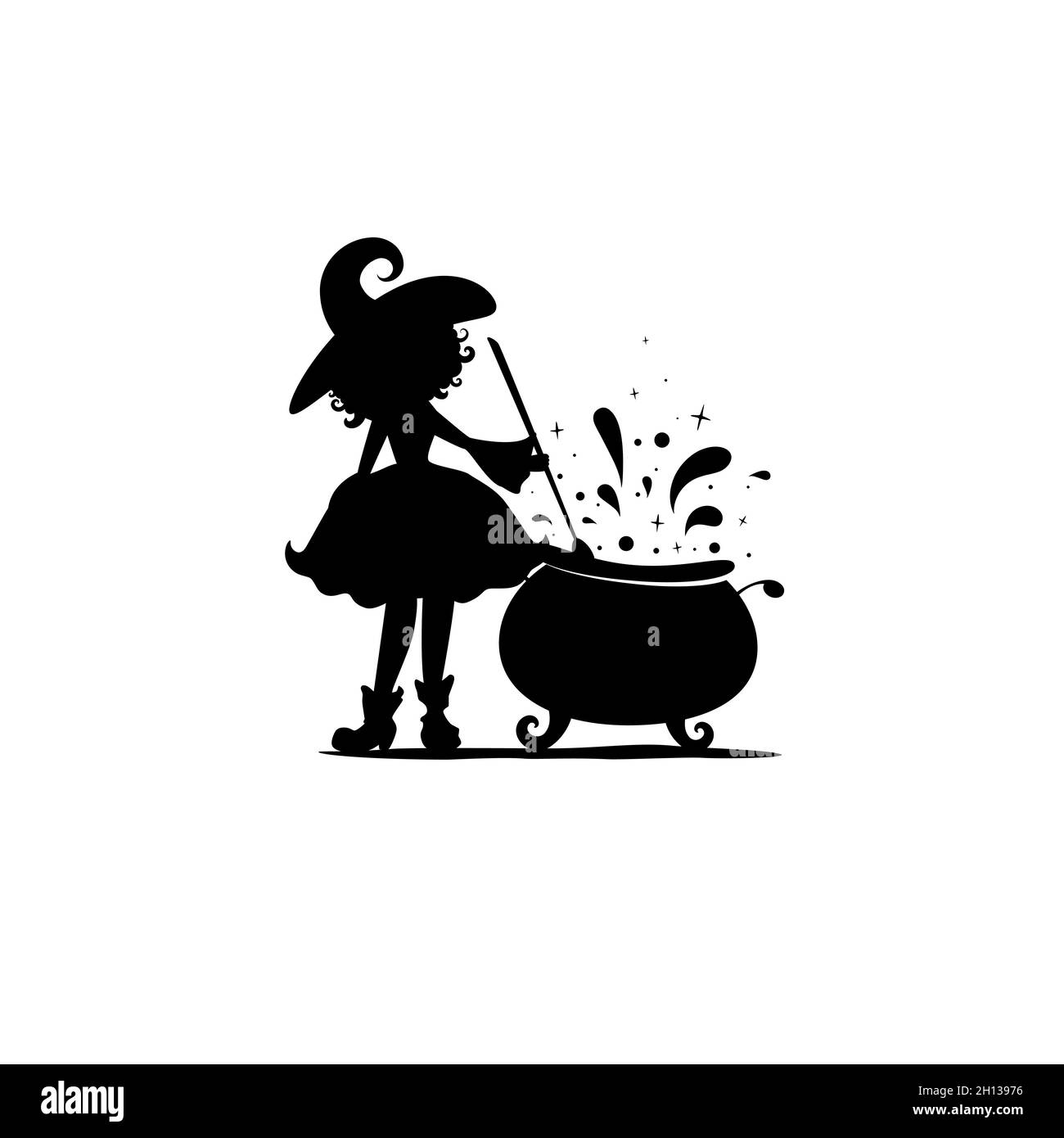 Witch with caldron. Funny Hag makes potion silhouette. Magic, fantasy ...