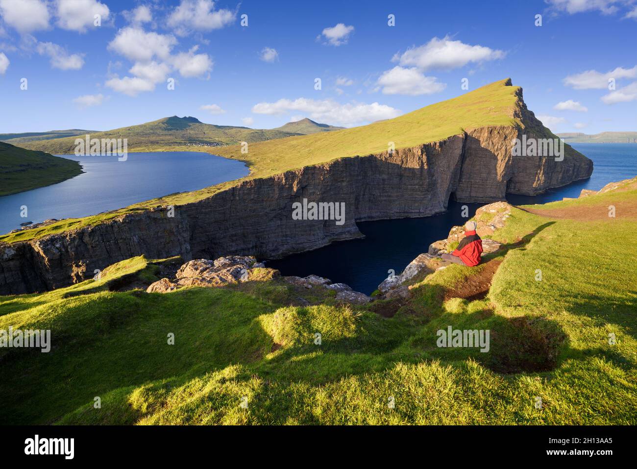 View of above the ocean lake Sorvagsvatn or Leitisvatn on Vagar Island ...