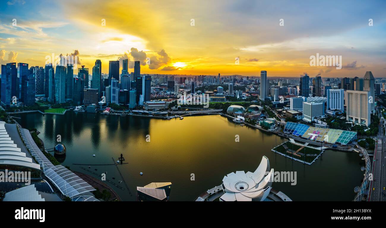 Spectacular aerial view of Singapore skyline during sunset Stock Photo ...