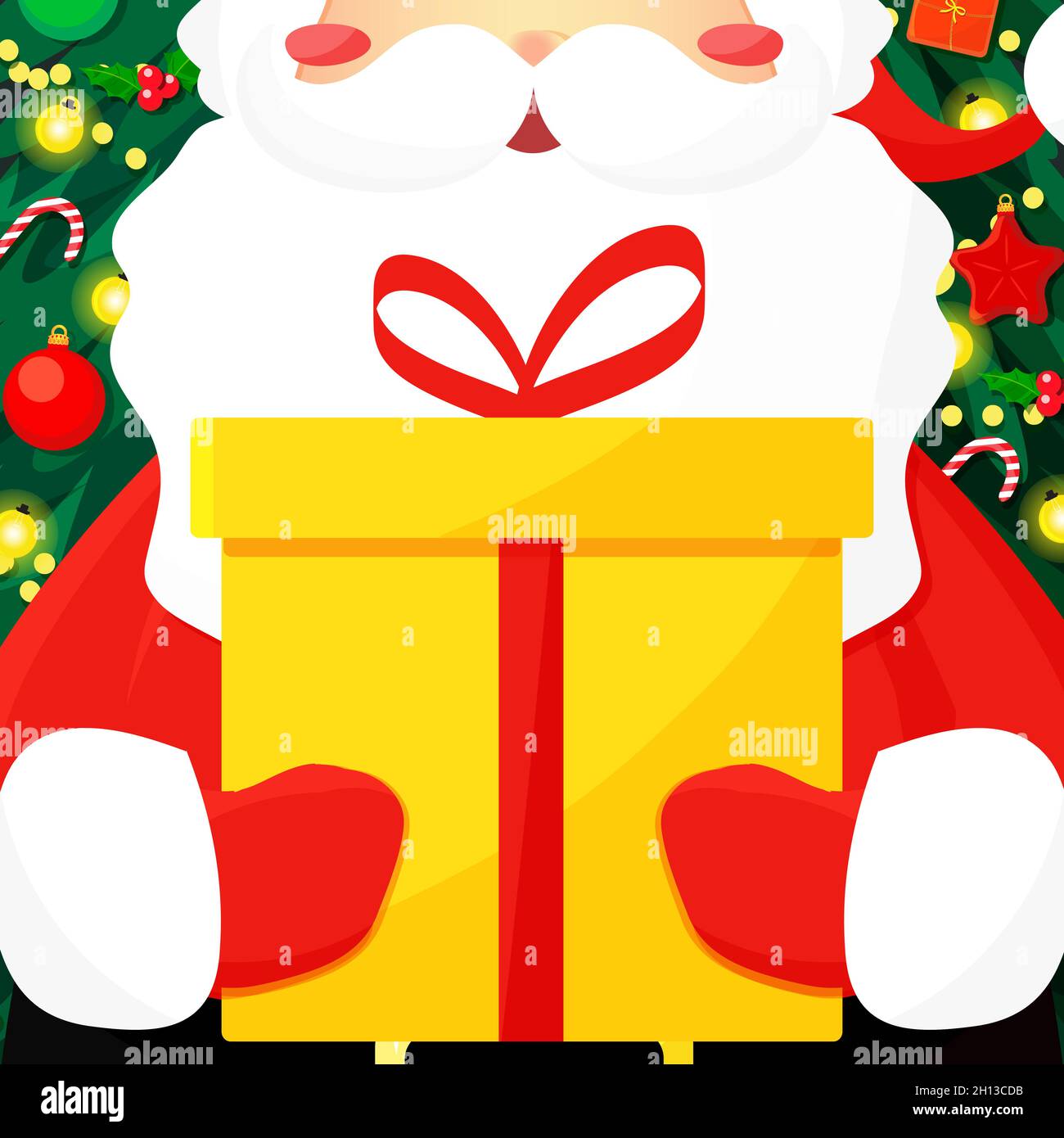 Santa holding gift box in hands on the Christmas tree background ...