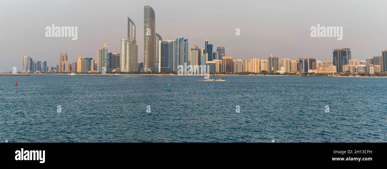Abu Dhabi, United Arab Emirates skyline panorama over the water at ...