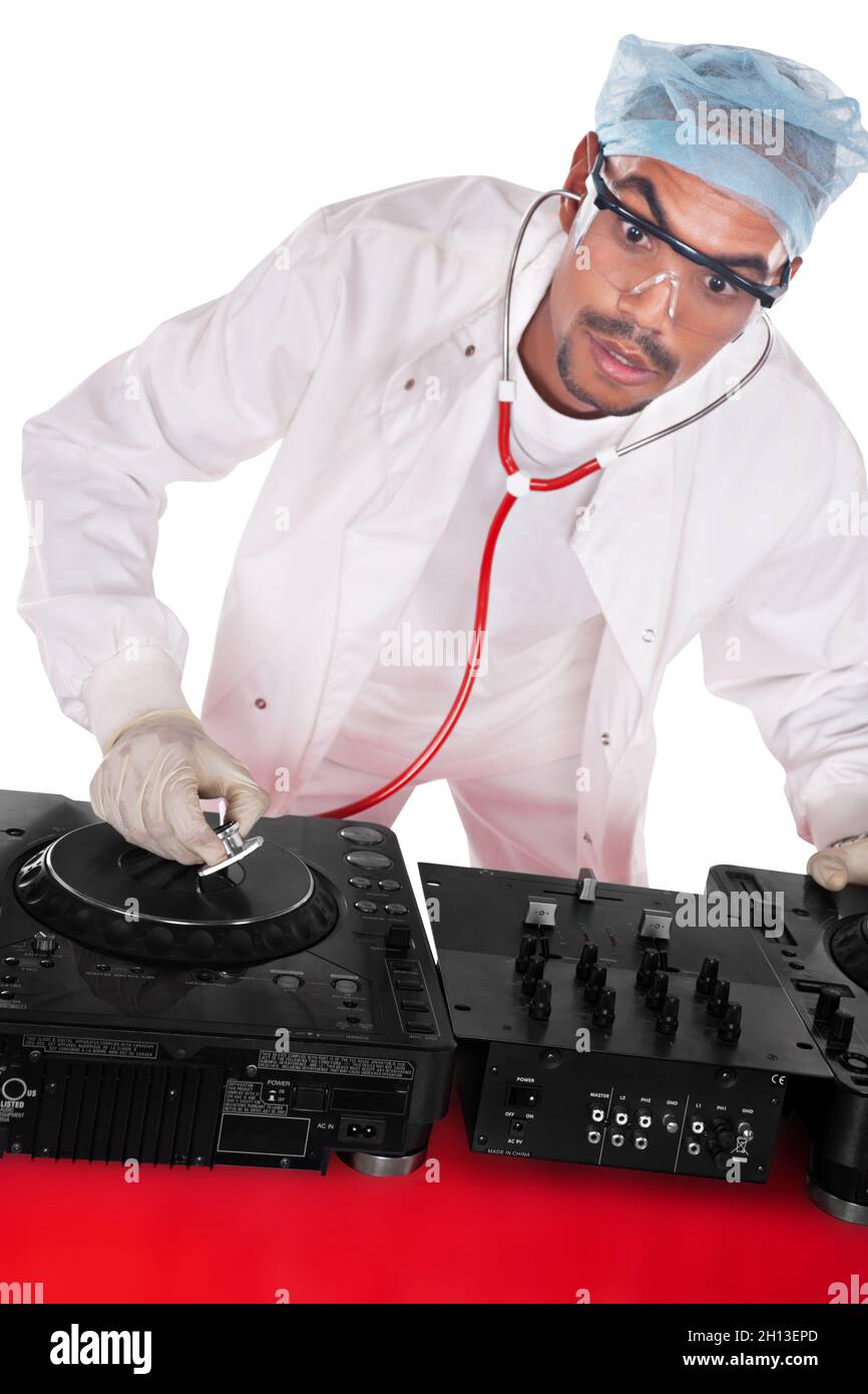 Mad African musician singer with stethoscope playing doctors with a DJ ...