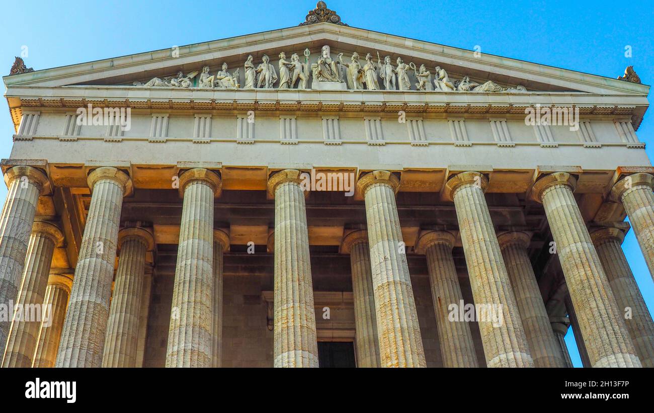 Low angle of the building and poles of the Walhalla Donaustauf in ...