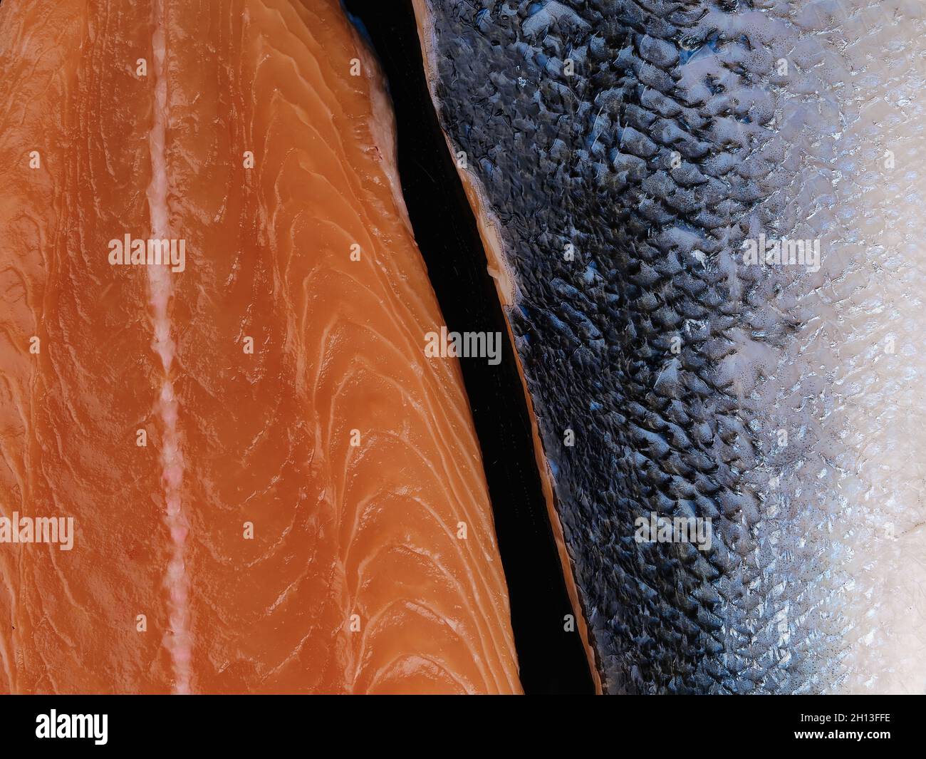 Raw salmon fillet. Skin. Dark background Stock Photo - Alamy