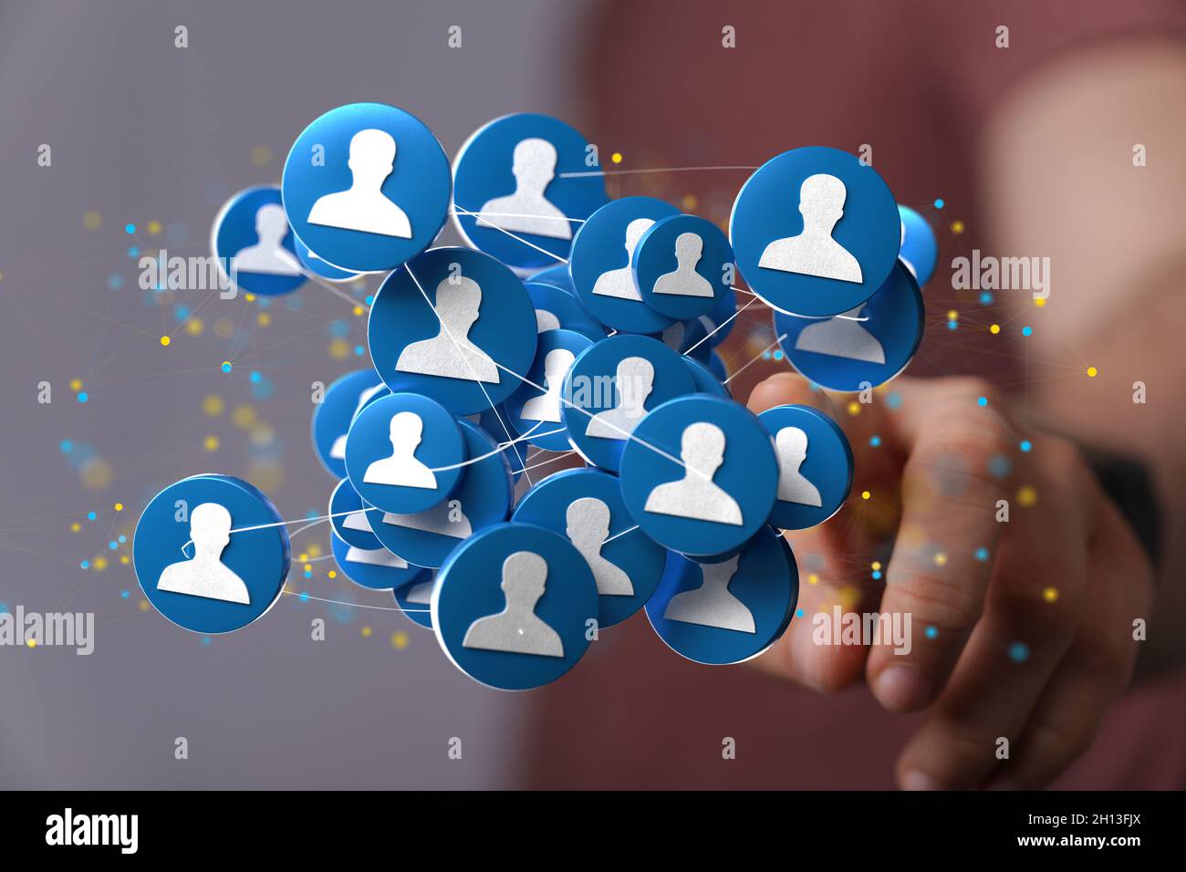 Abstract shot of a man touching 3D rendered contact icons linked in ...