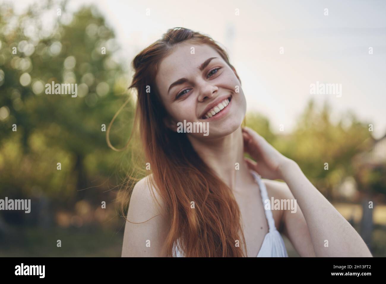 pretty woman Walk in the field nature Lifestyle Stock Photo - Alamy
