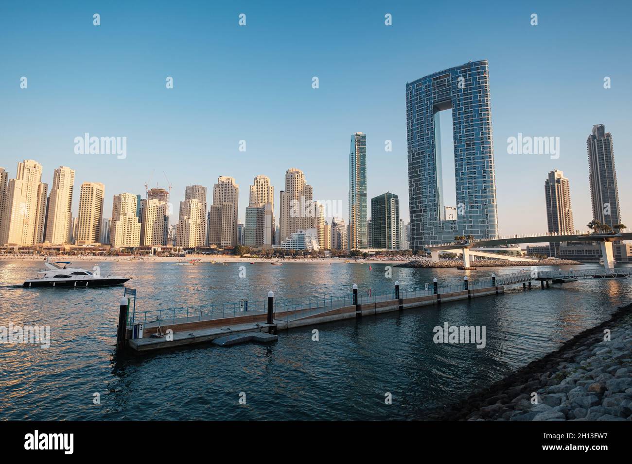 Dubai, UAE - February 15, 2020: Marina JBR Beach Sea water font tall ...