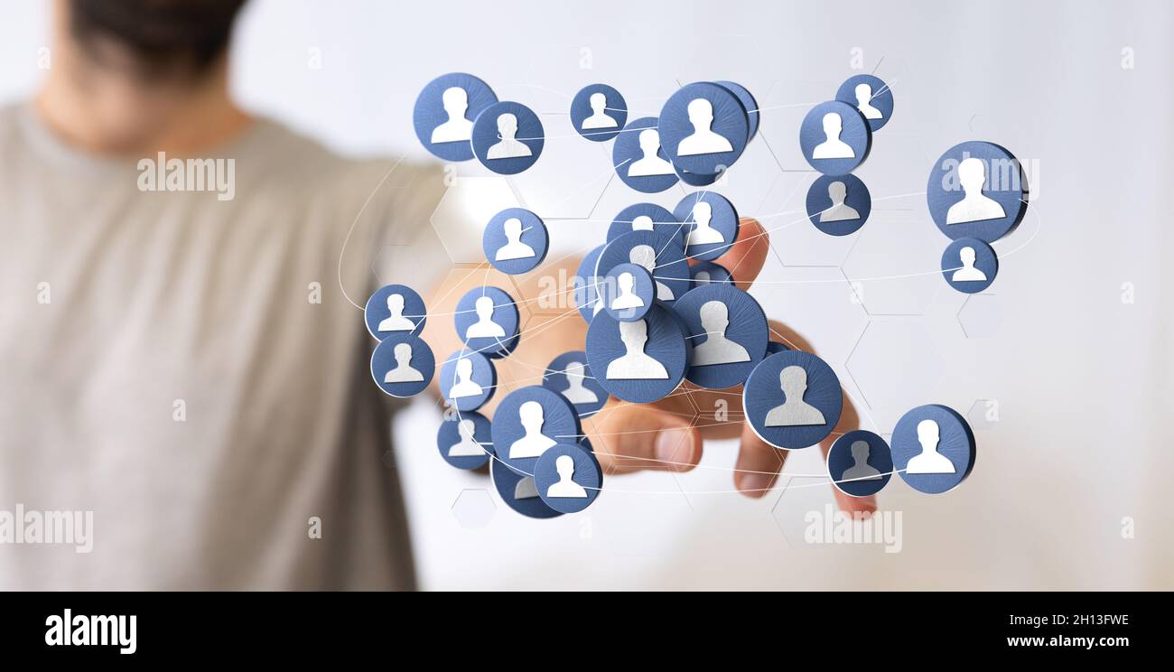Abstract shot of a man touching 3D rendered contact icons global ...