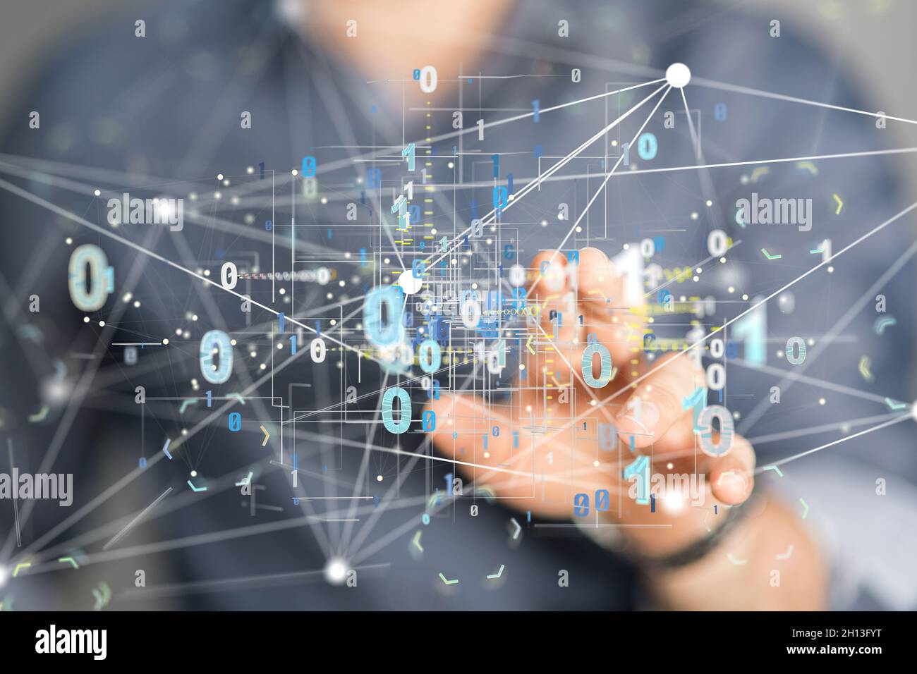 Abstract shot of a man's hands presenting digital networking ...