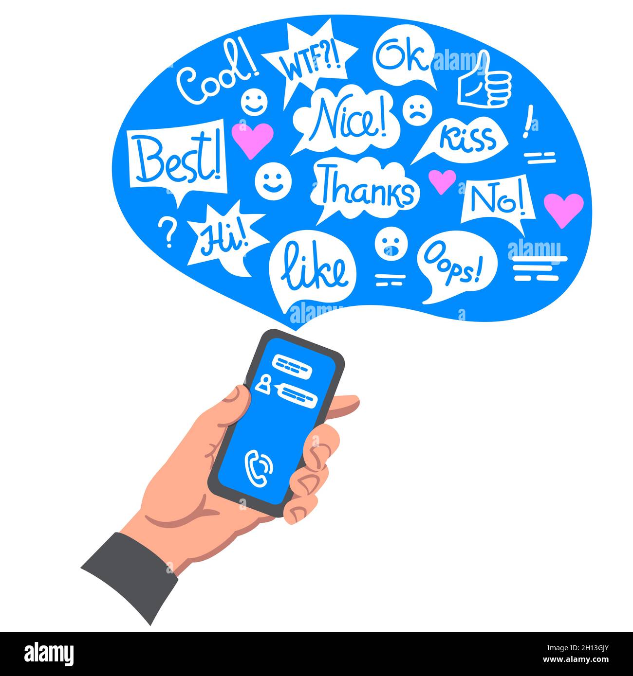 Illustration of the hand holding the smartphone and communication chats ...