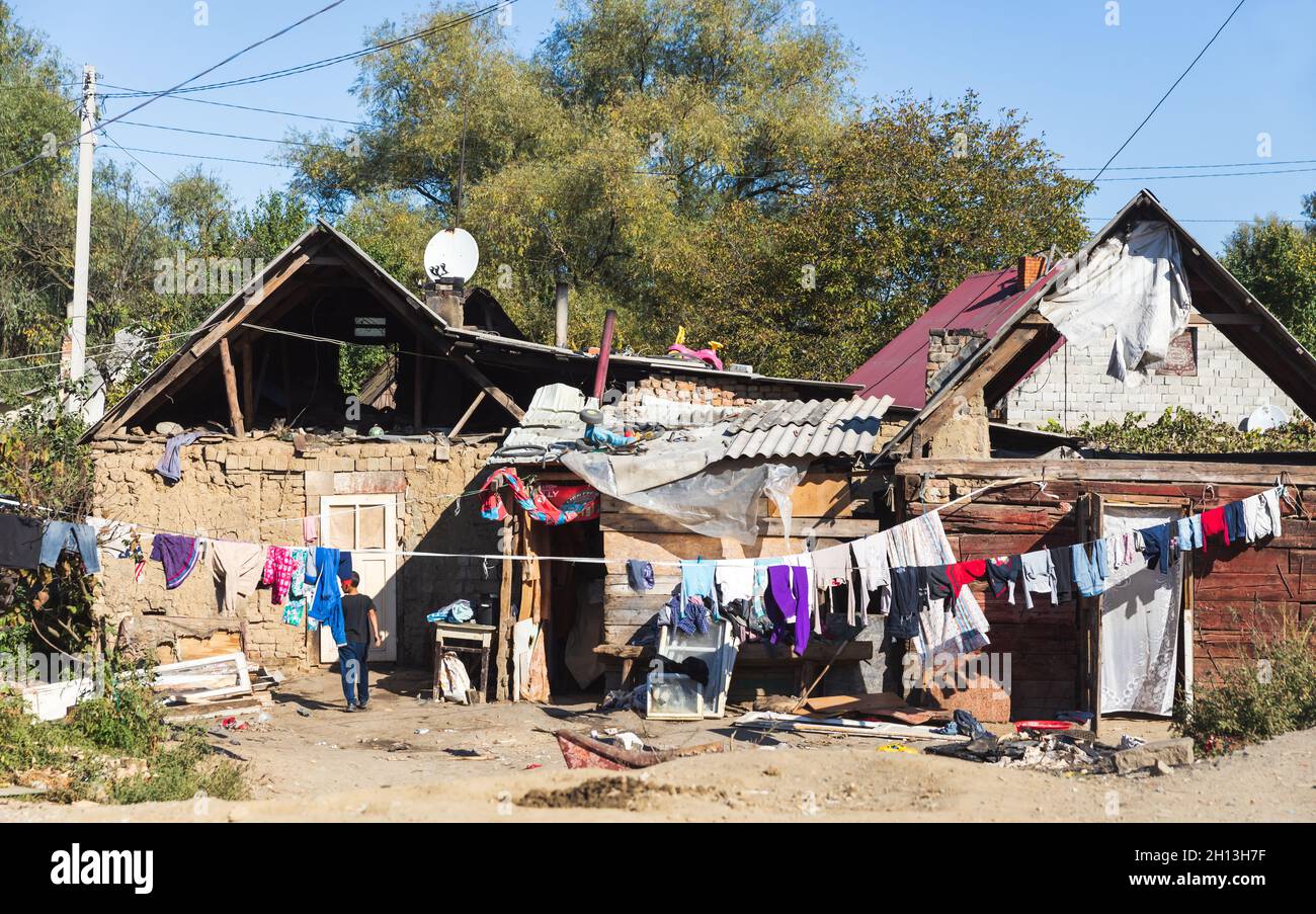 Roma houses. Gypsy slums on the outskirts of Uzhgorod in a roma village ...