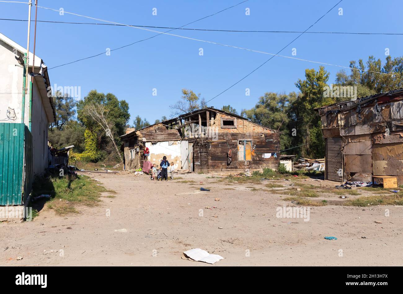 Roma houses. Gypsy slums on the outskirts of Uzhgorod in a roma village ...