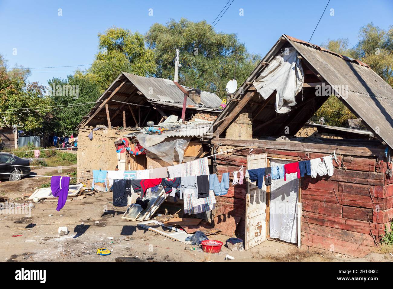 Roma houses. Gypsy slums on the outskirts of Uzhgorod in a roma village ...