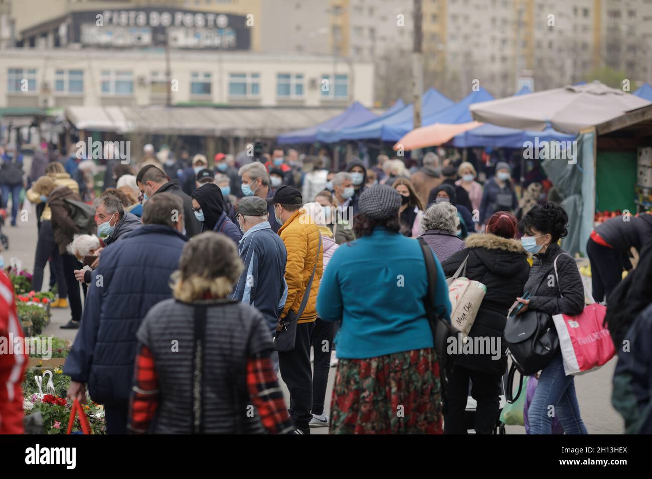 Bucharest, Romania - May 17, 2021: Crowd of people at the Obor market ...