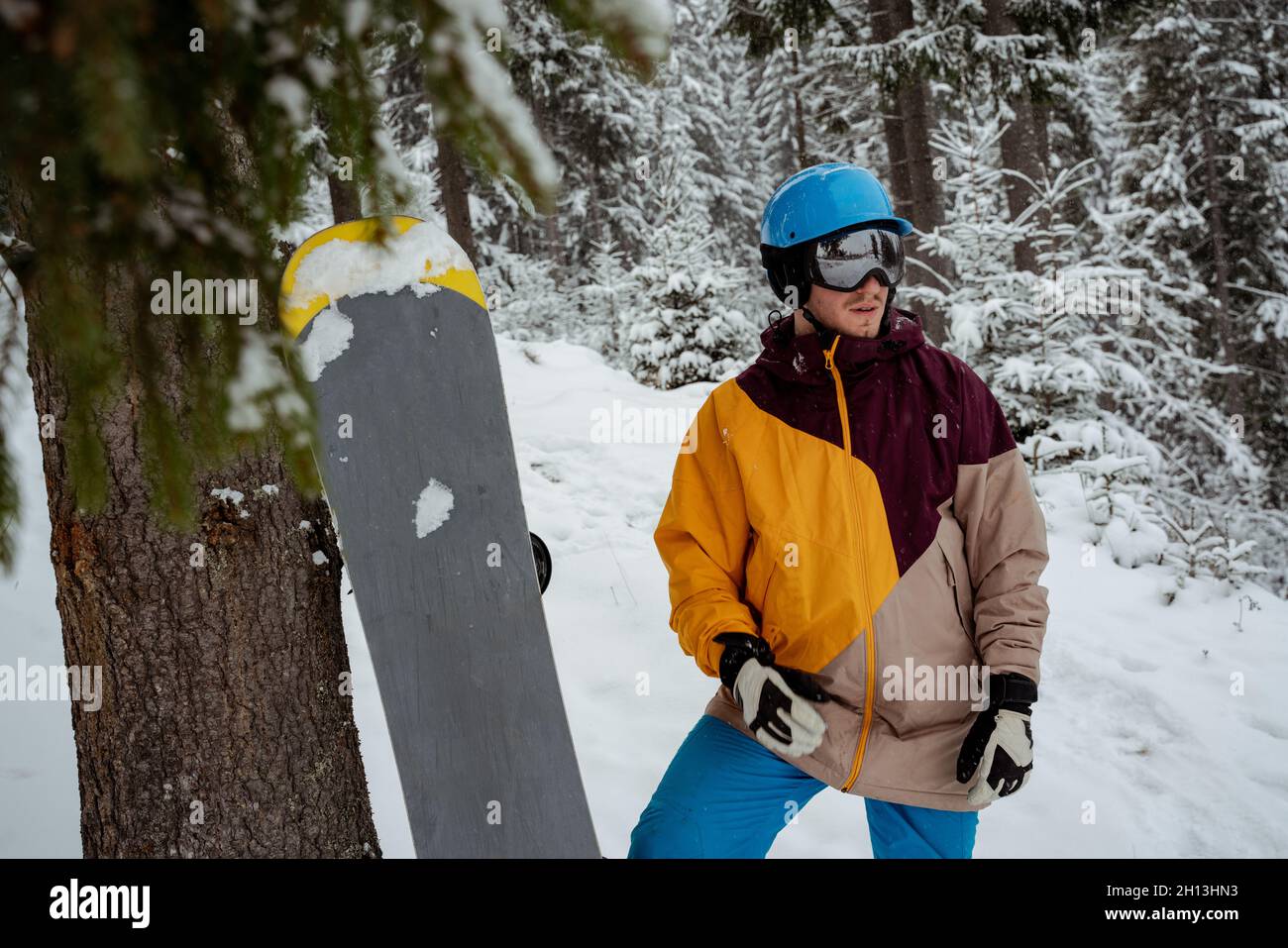 Winter sport and recreation, leisure outdoor activities. Man in ski ...