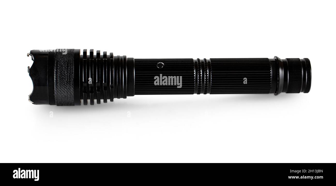 metal black flashlight. Portable flashlight isolate on a white ...