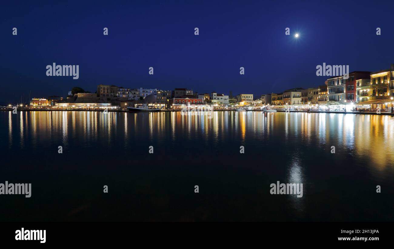 City skyline at night, Chania in Crete, Greece, starry sky Stock Photo ...