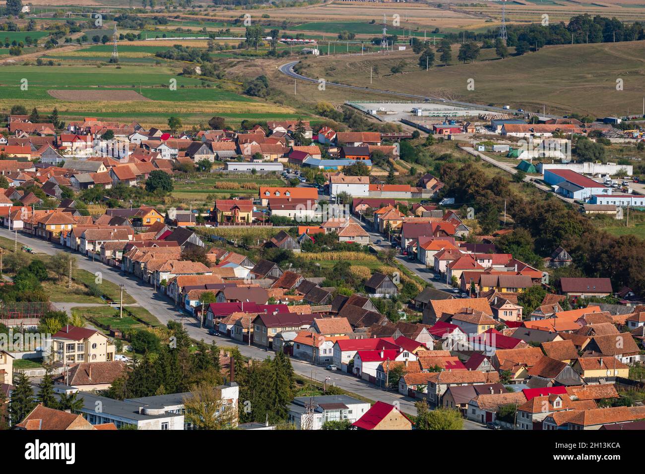 BUCHARE, ROMANIA - Sep 01, 2021: An aerial view of the town center with ...
