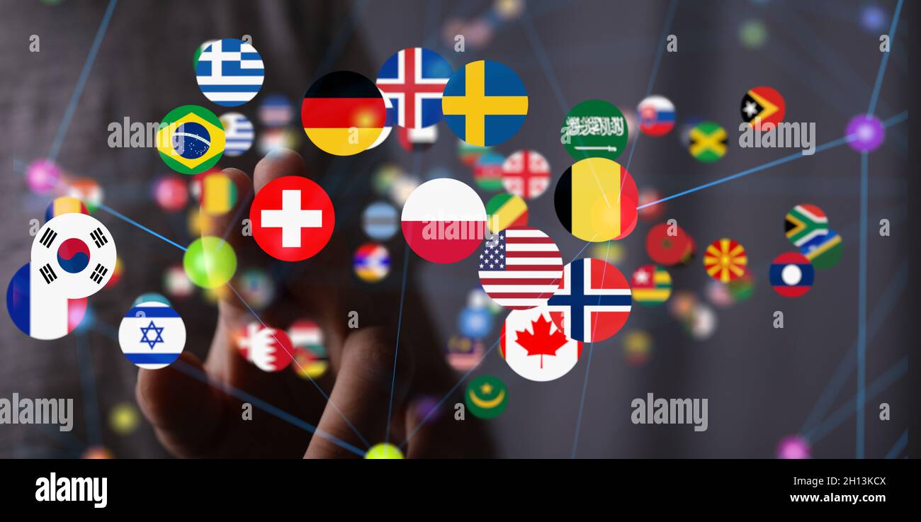 Abstract shot of 3D rendered flags of all world countries in a global ...