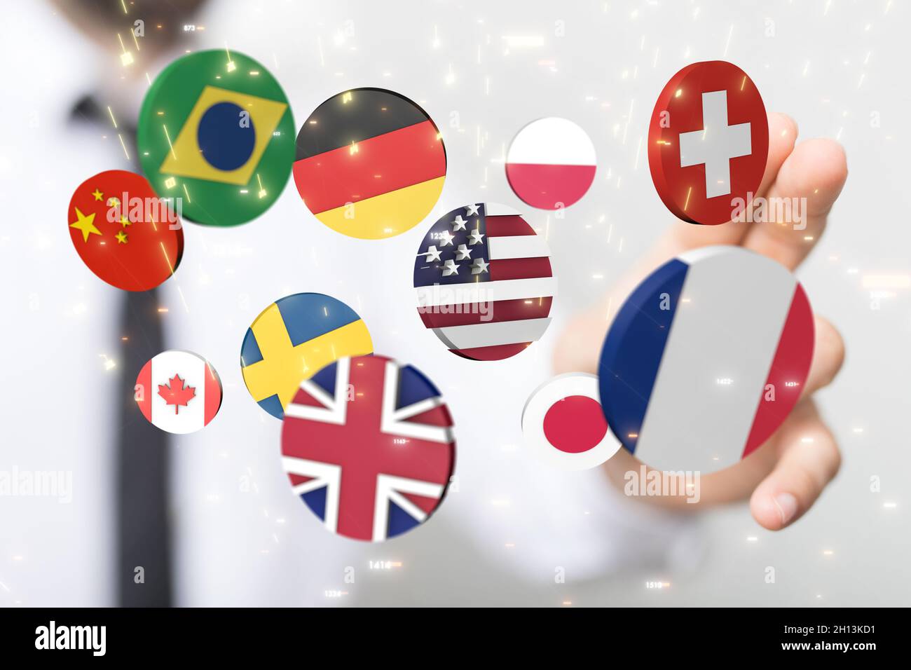 Abstract shot of 3D rendered flags of all world countries in a global ...