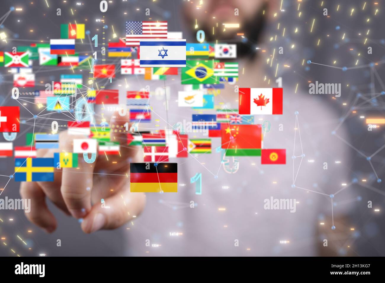 Abstract shot of 3D rendered flags of all world countries in a global ...