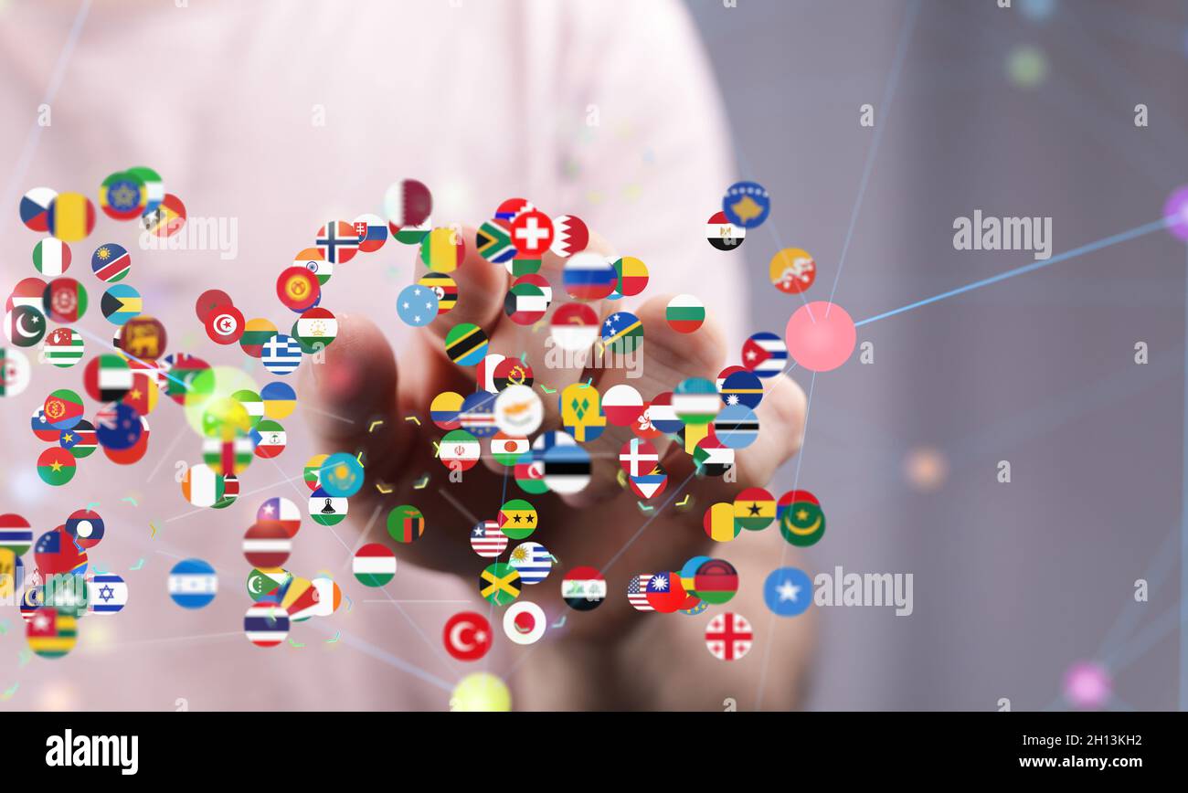 Abstract shot of 3D rendered flags of all world countries in a global ...