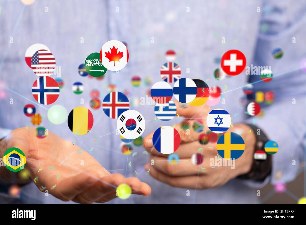 Abstract shot of 3D rendered flags of all world countries in a global ...