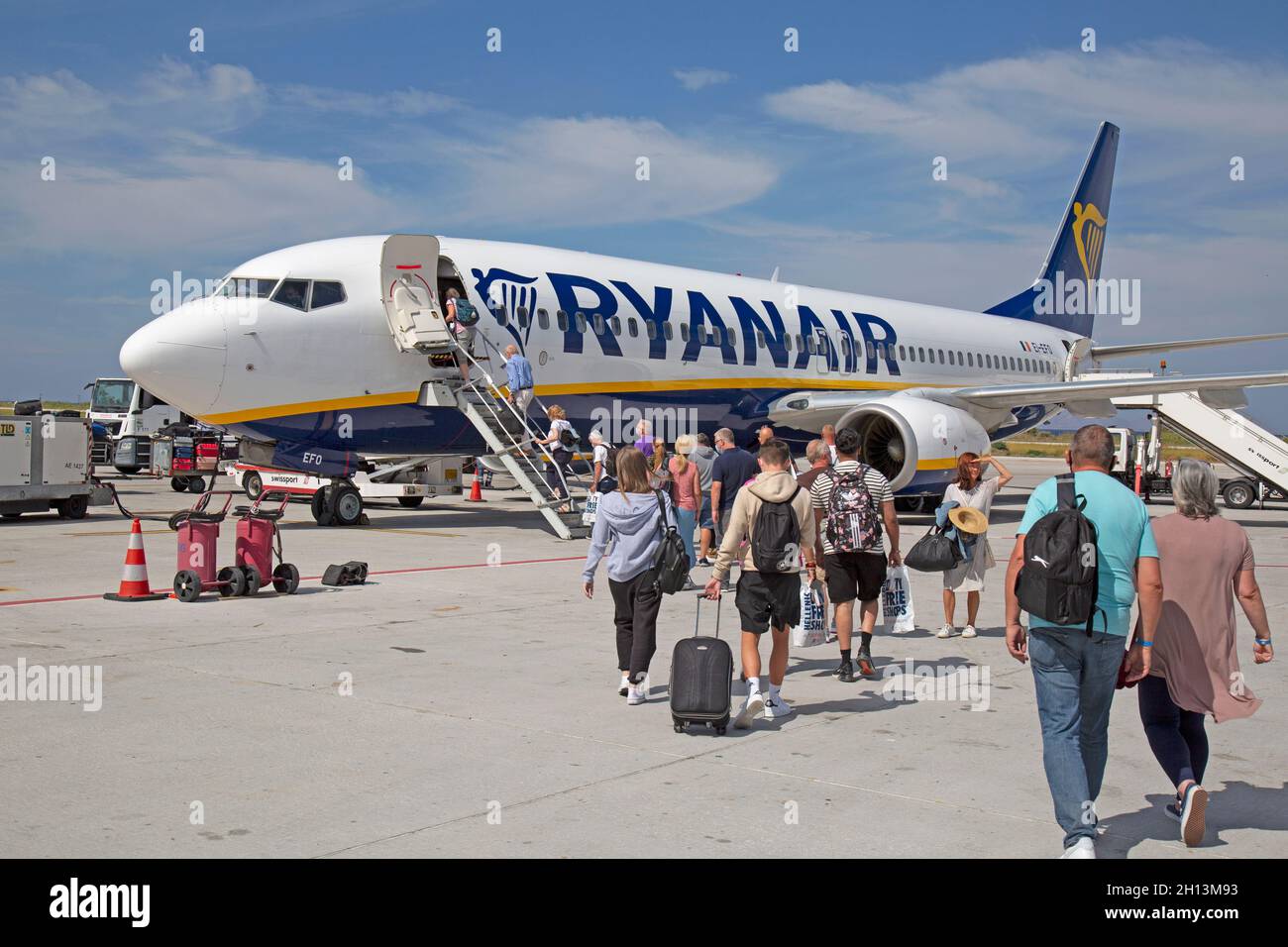 Passengers walking towards the steps about to board a Ryanair Boeing ...