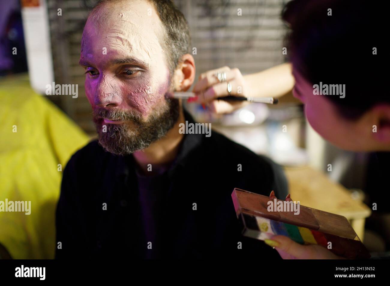 Zombie Male Makeup Applying For Halloween Concept Make Up With Brush