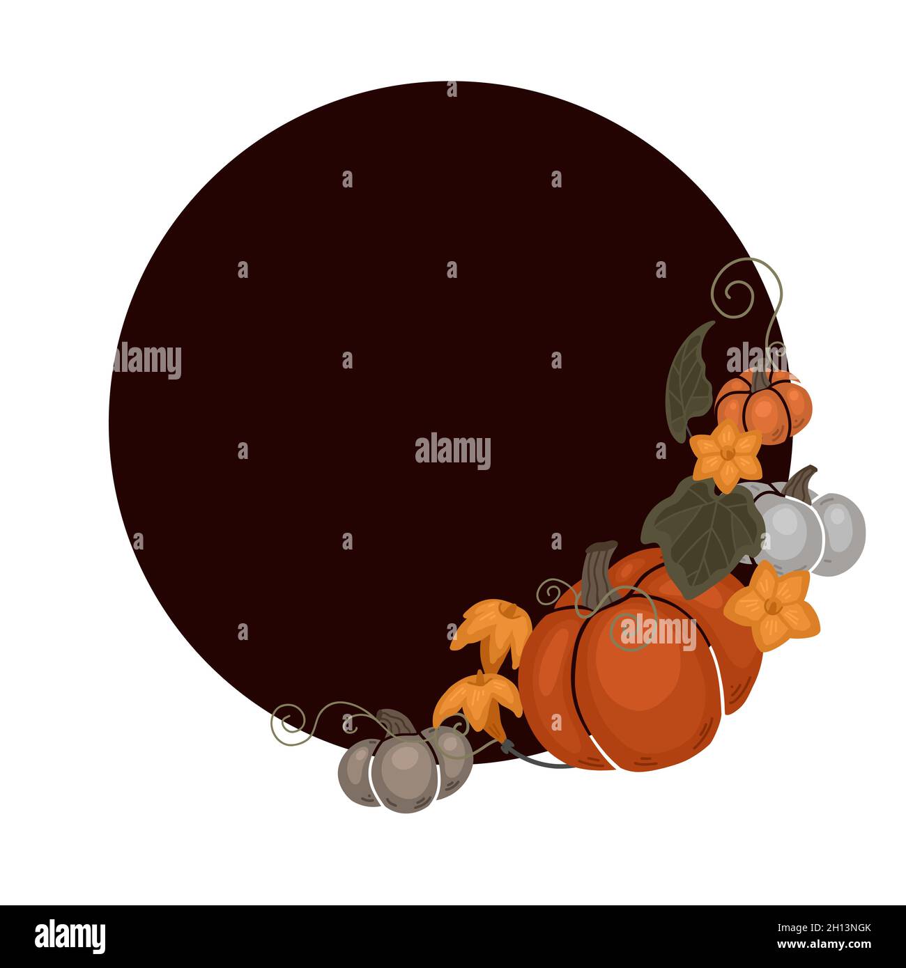 Autumn template with pumpkins, foliage, vine curled, flowers and copy ...