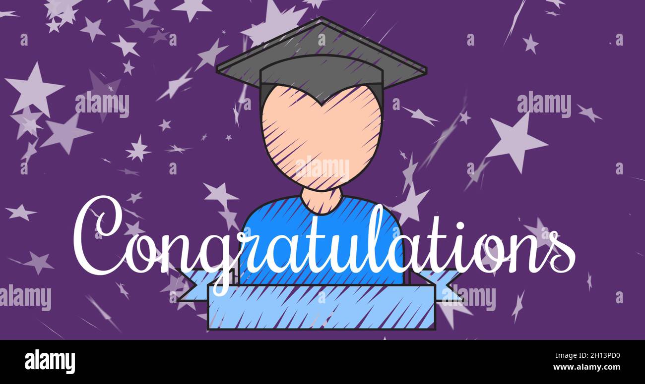 Image of floating star, congratulations and student on purple ...