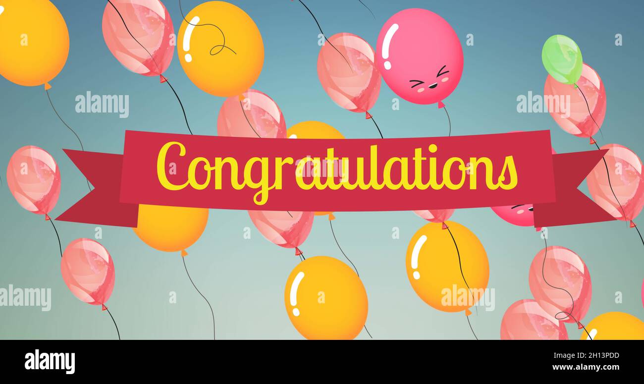 Image of floating colorful balloons and congratulations on blue ...