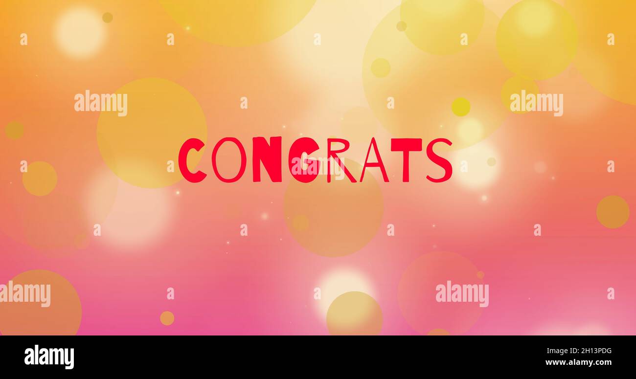 Image of floating golden dots and congrats on orange and red background ...