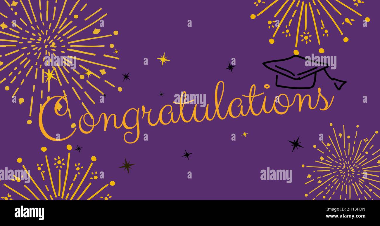 Image of fireworks and congratulations on purple background Stock Photo ...