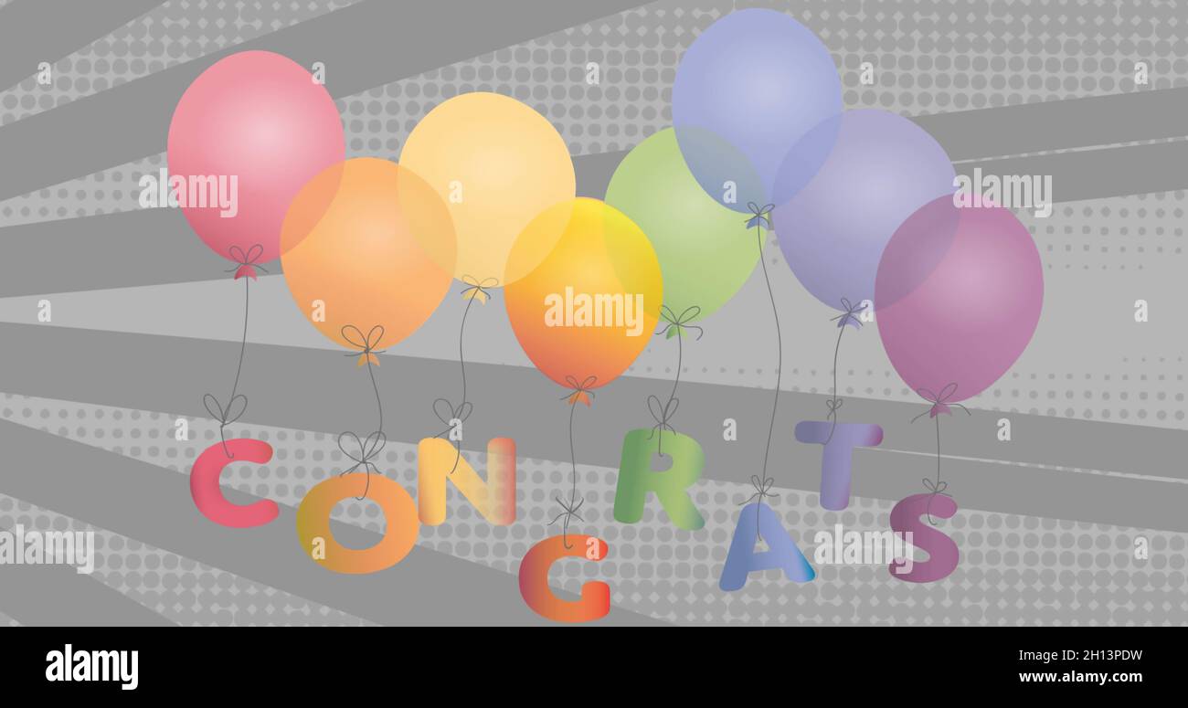 Image of floating colorful balloons and congratulations on grey ...