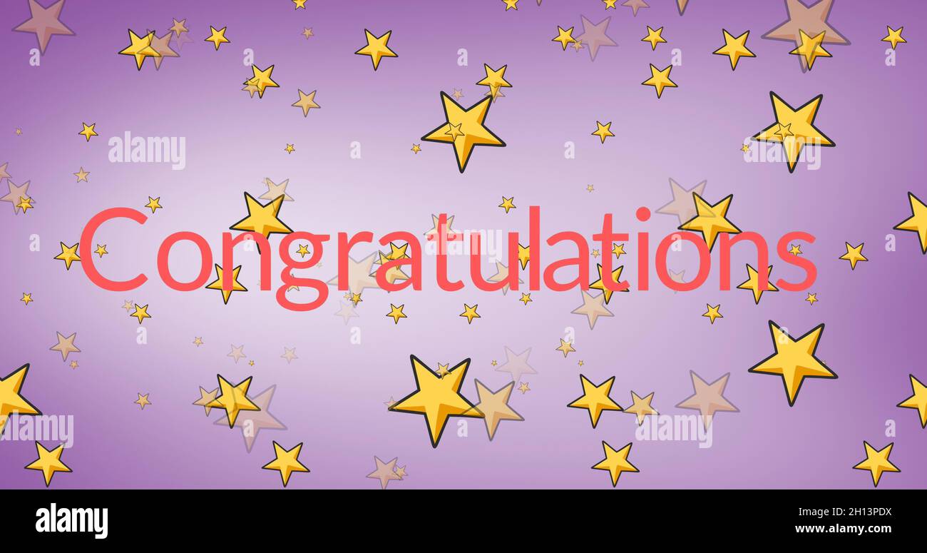 Image of floating golden stars and congratulations on pink background ...