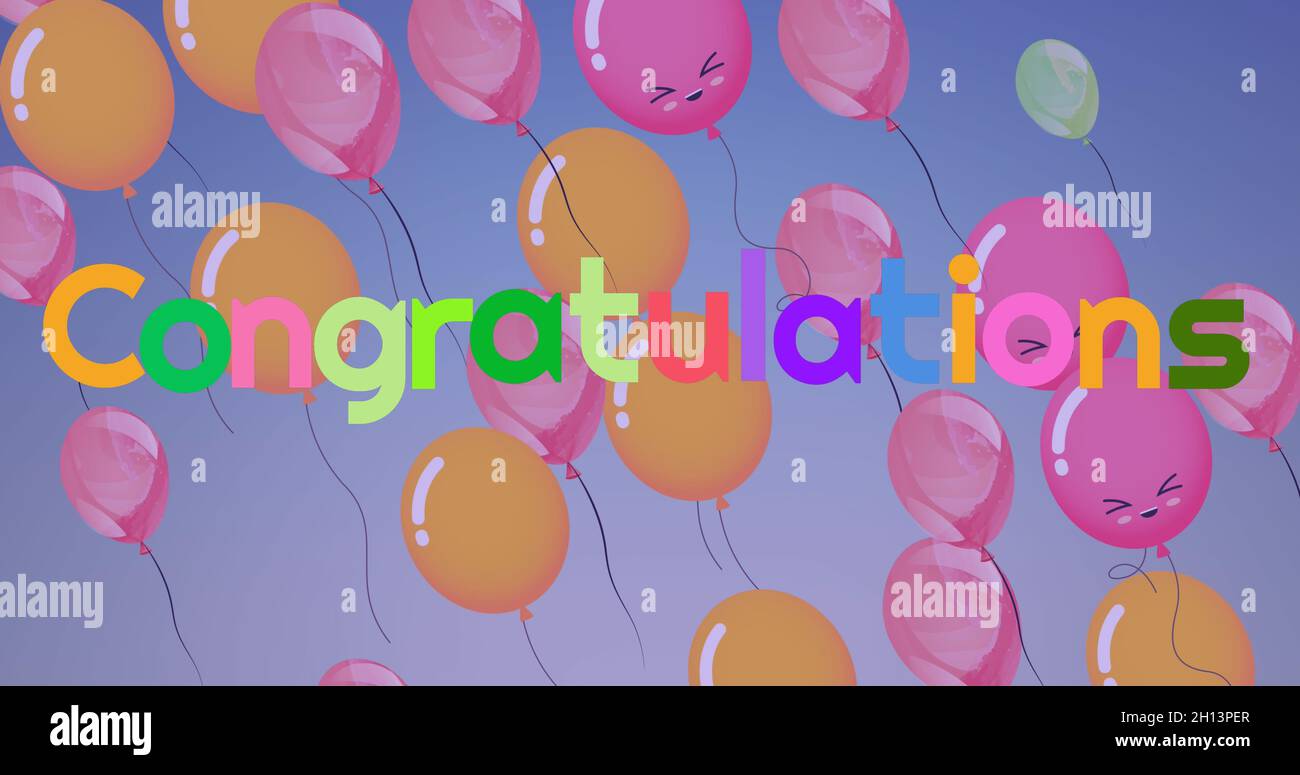 Image of floating colorful balloons and congratulations on blue ... Image of floating colorful balloons and congratulations on blue ...