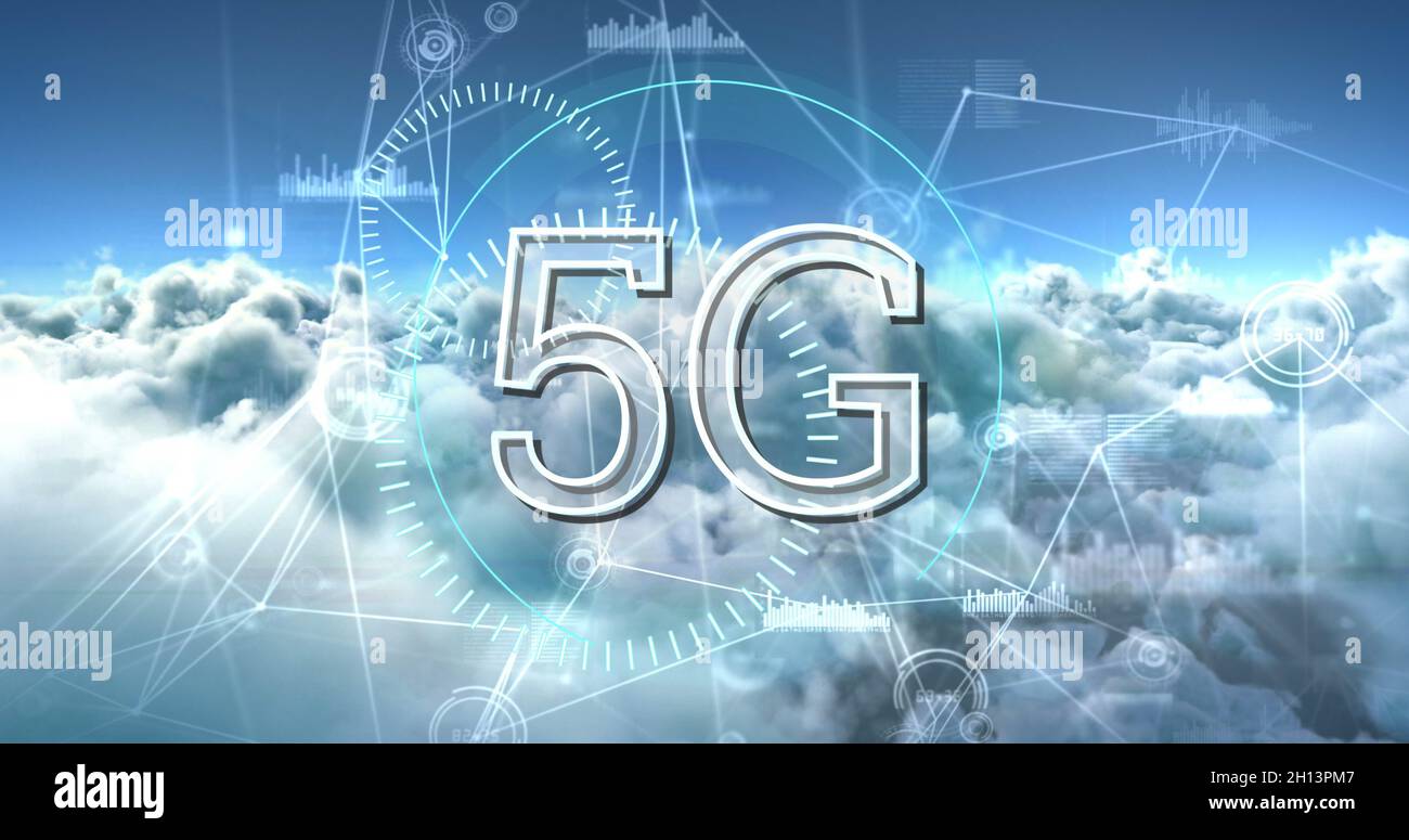 5G text on circles and network of connections against clouds in the sky ...